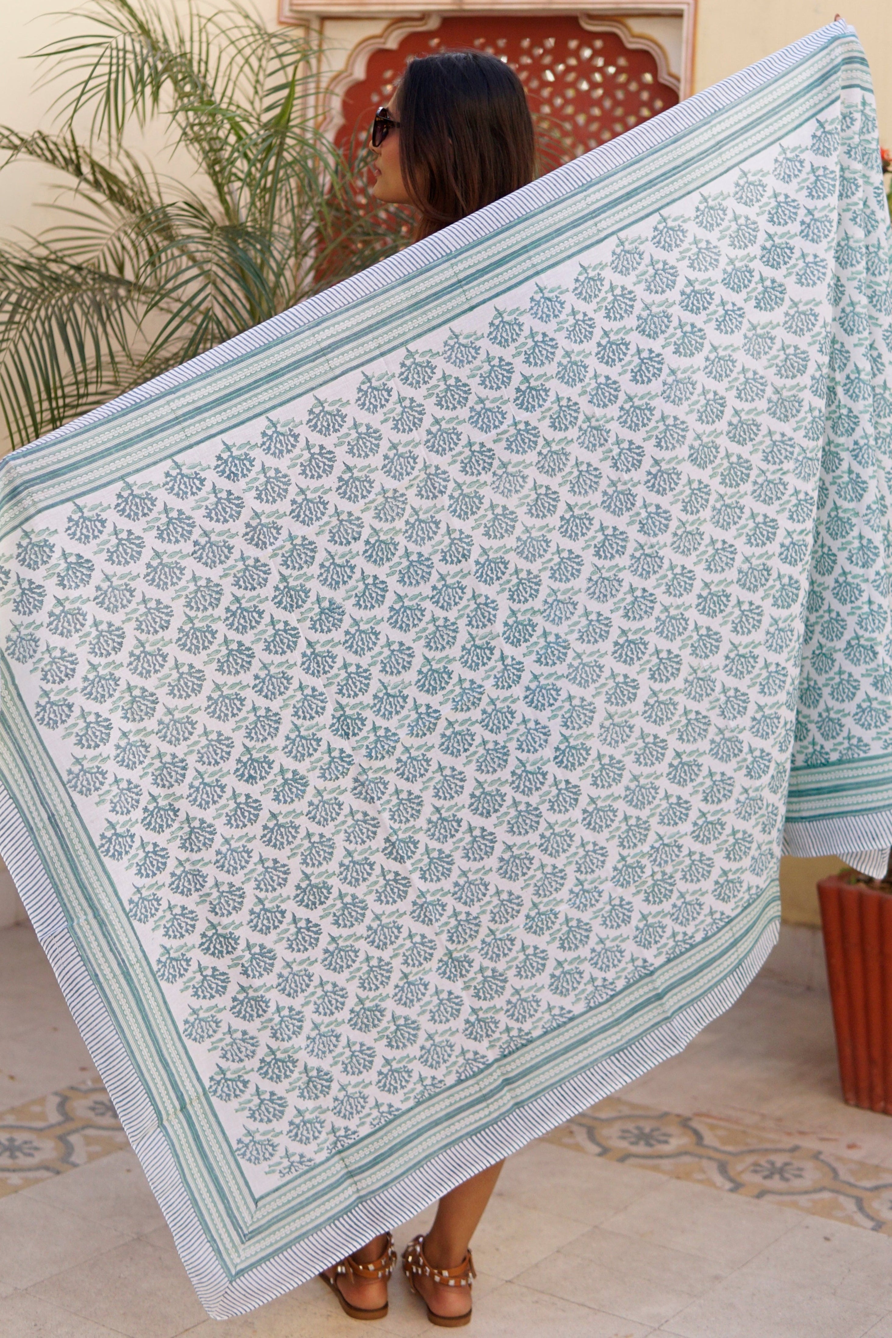 Pareo. Green and white cotton sarong, scarf, wrap and beach coverup